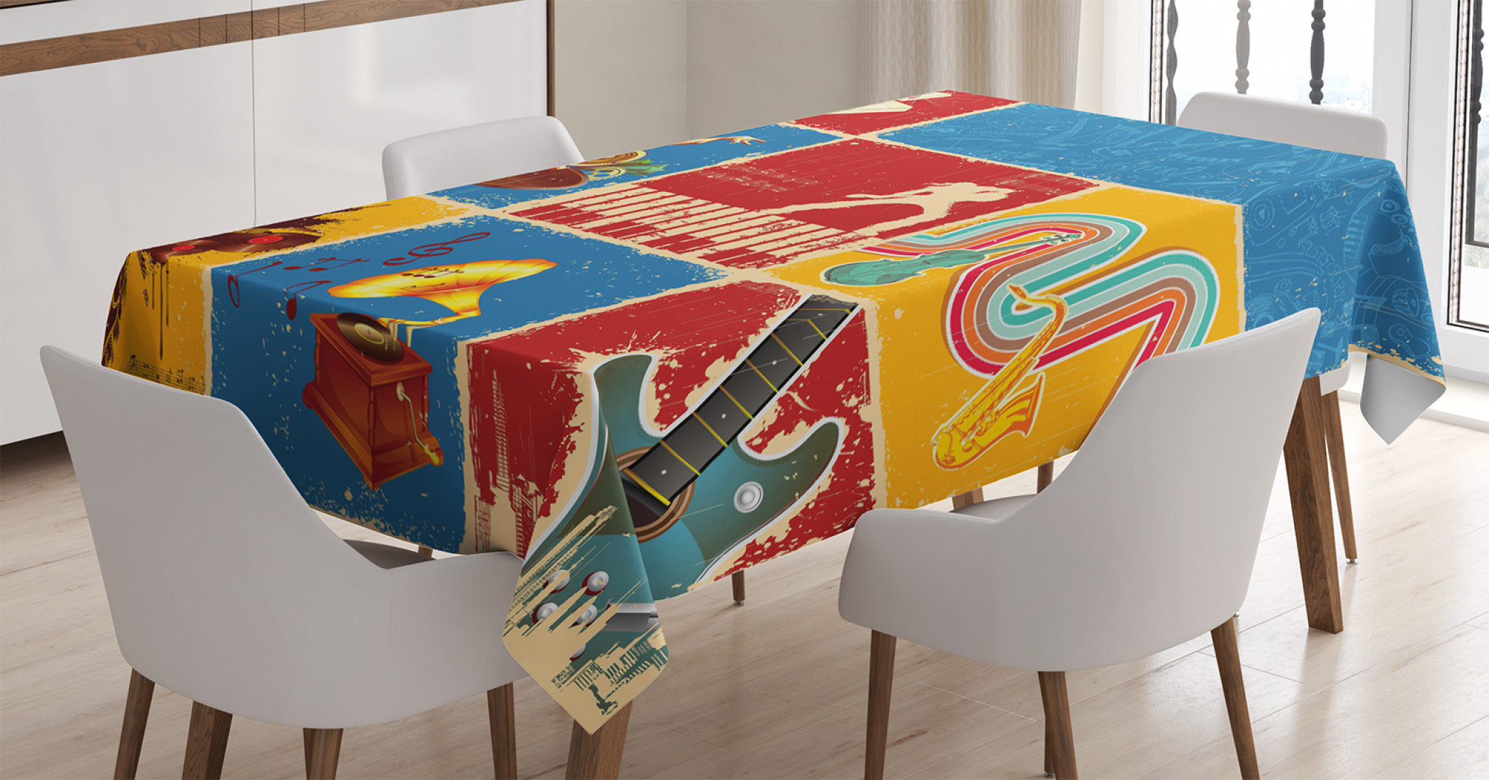 East Urban Home Music Tablecloth, Retro Collage Illustration Of Different Instruments Guitar ...